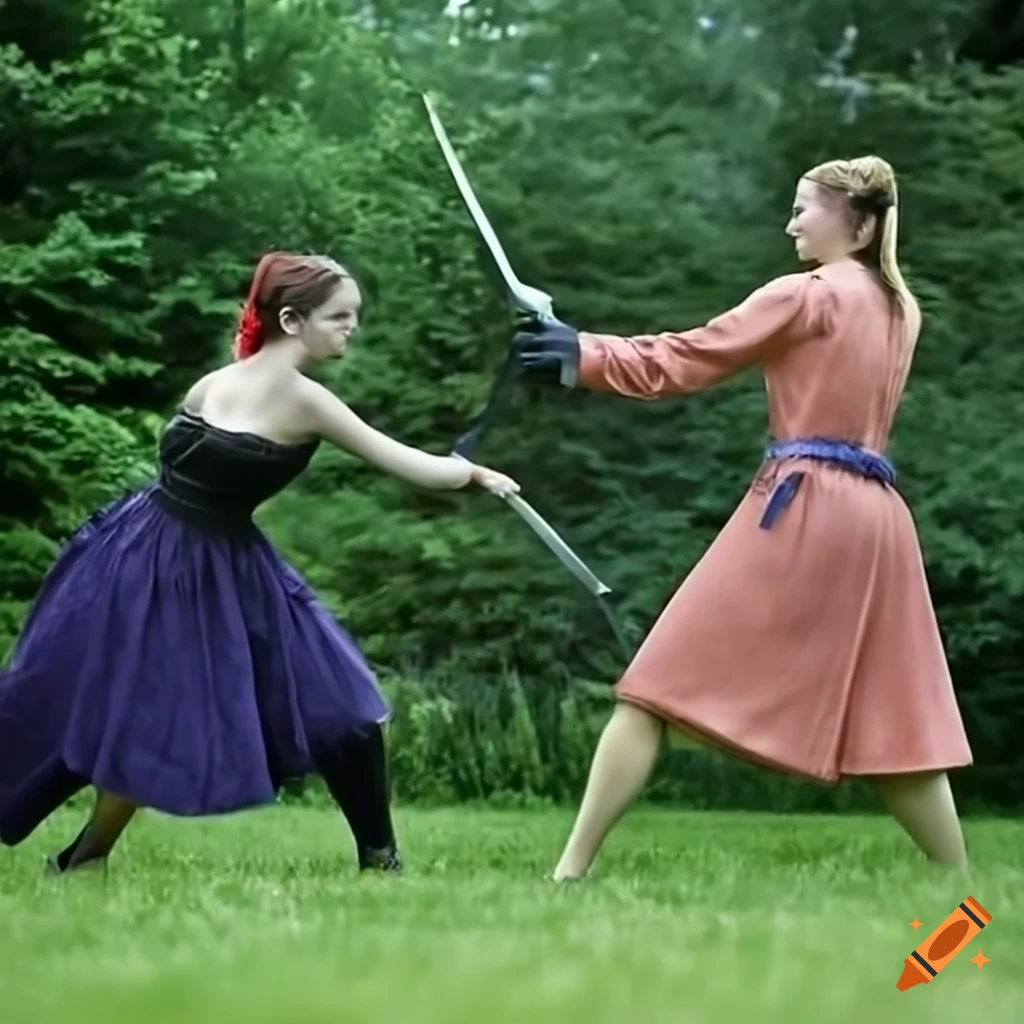Women duel with swords in a garden setting on Craiyon