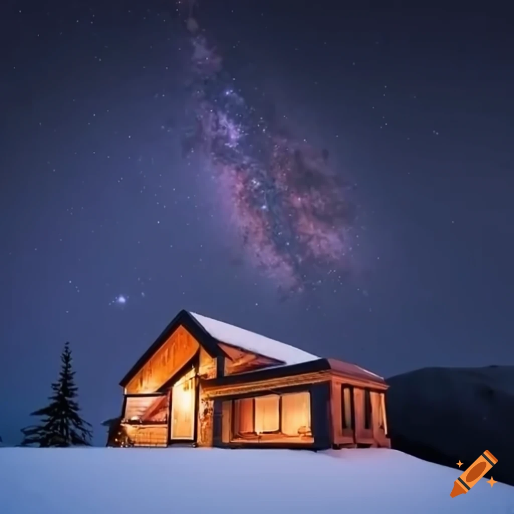 Luxurious winter house on mountain during blizzard under night sky of ...