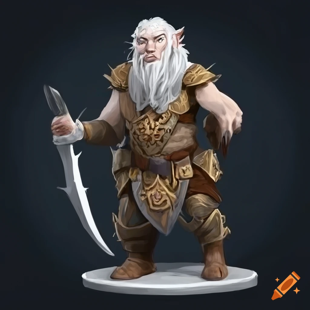 Albino and blue-eyed dwarf druid in hide armor with a scimitar on Craiyon