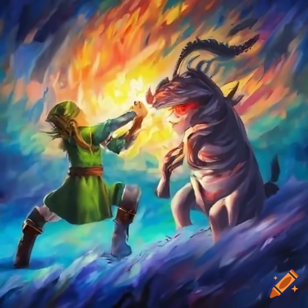 Kingdom Link battling Gleeok in the sky in anime style on Craiyon