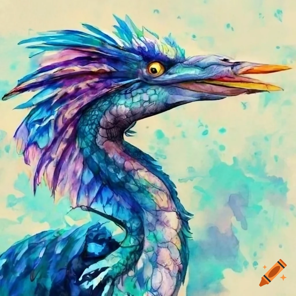 Storybook monster blue heron dragon hybrid with long beak and feathered ...
