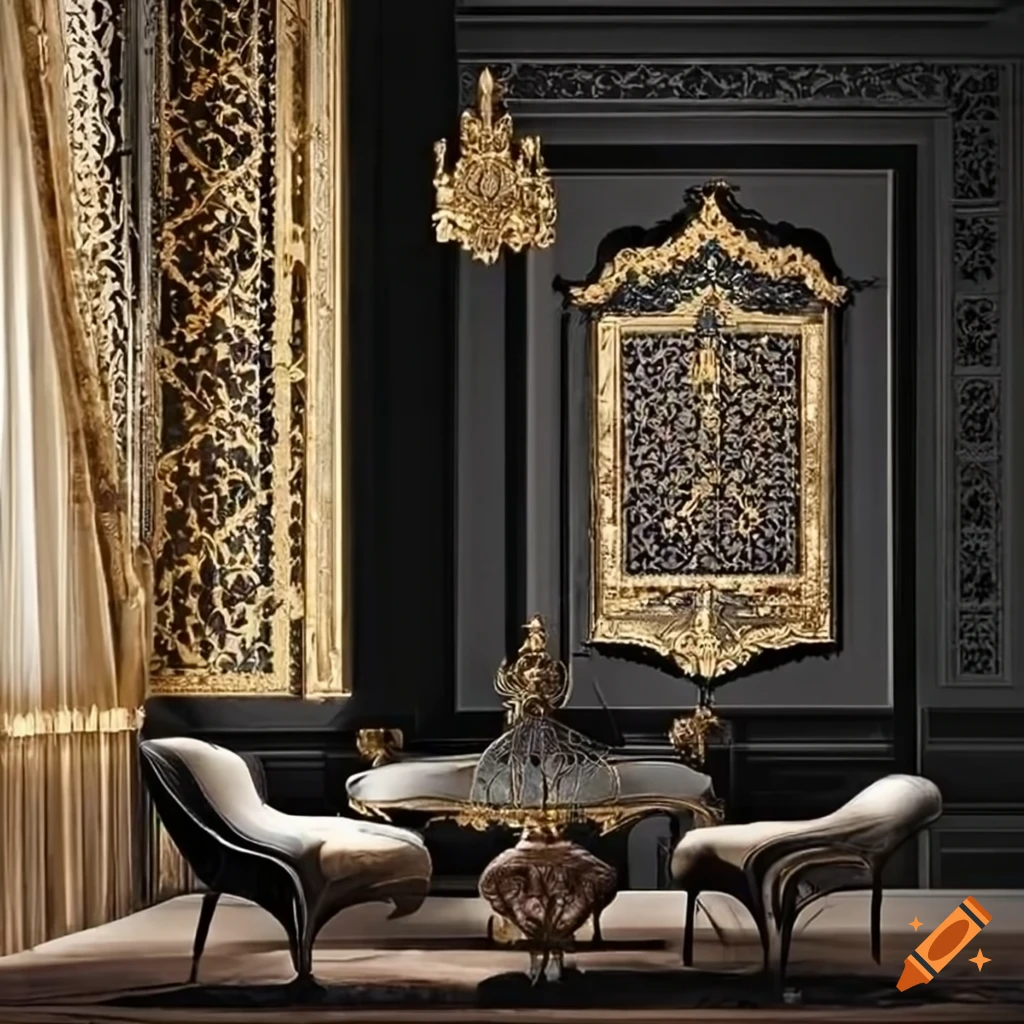 Luxurious room with gilding and Iranian engravings in black ink on Craiyon