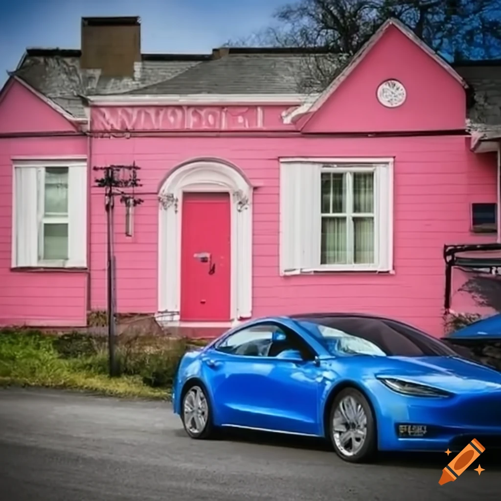 Blue tesla parked in front of a pink house on Craiyon