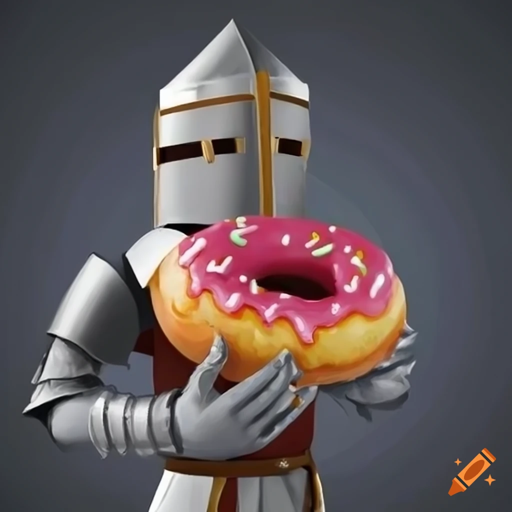 Vibrant knight character holding a donut instead of a sword on Craiyon