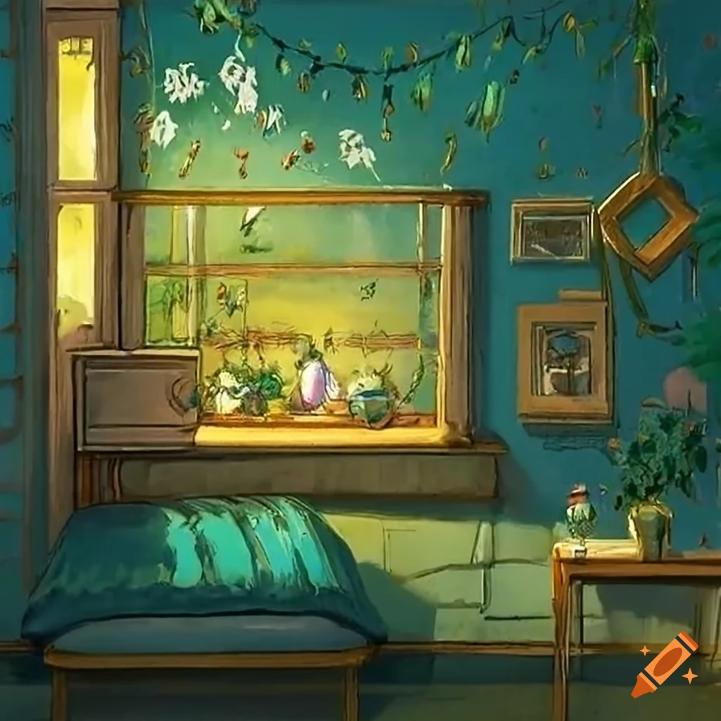 Pen and ink storybook illustration of a bedroom with a unique bracelet ...