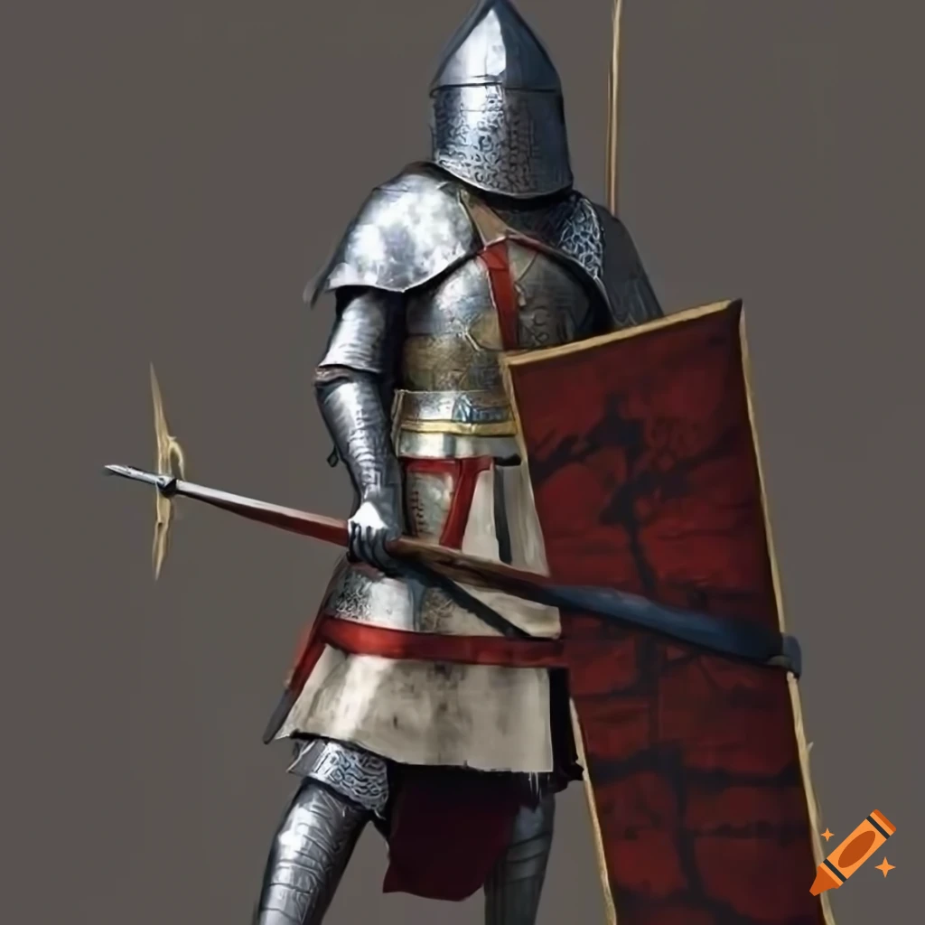 Medieval guard in armor with an aggressive posture facing right on Craiyon