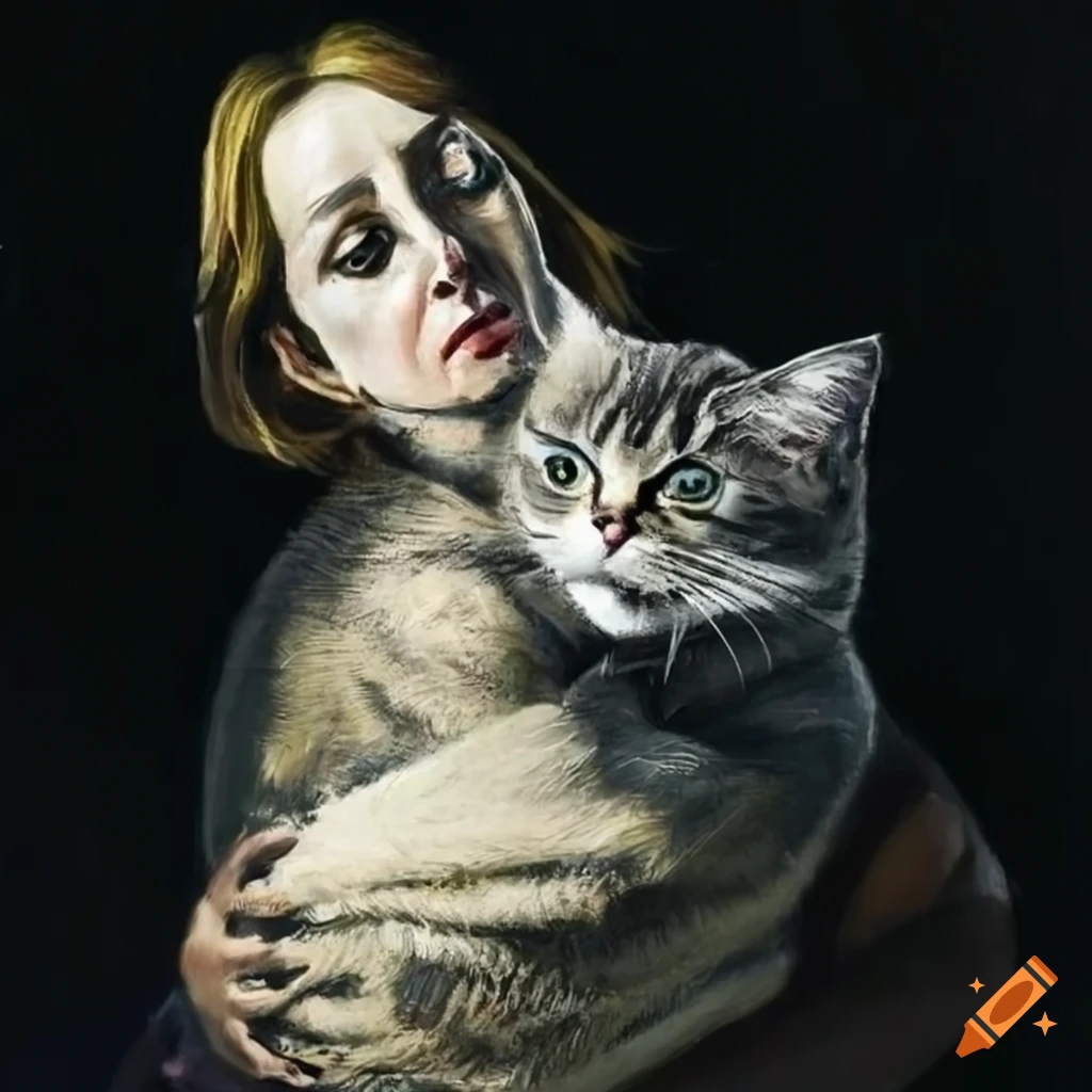 Woman hugging a cat in Lucian Freud style on Craiyon