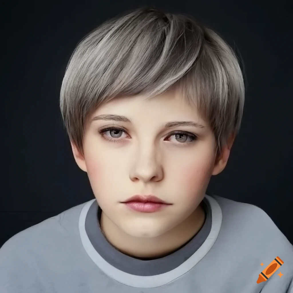 Girl with pixie haircut wearing a gray sweatshirt on Craiyon