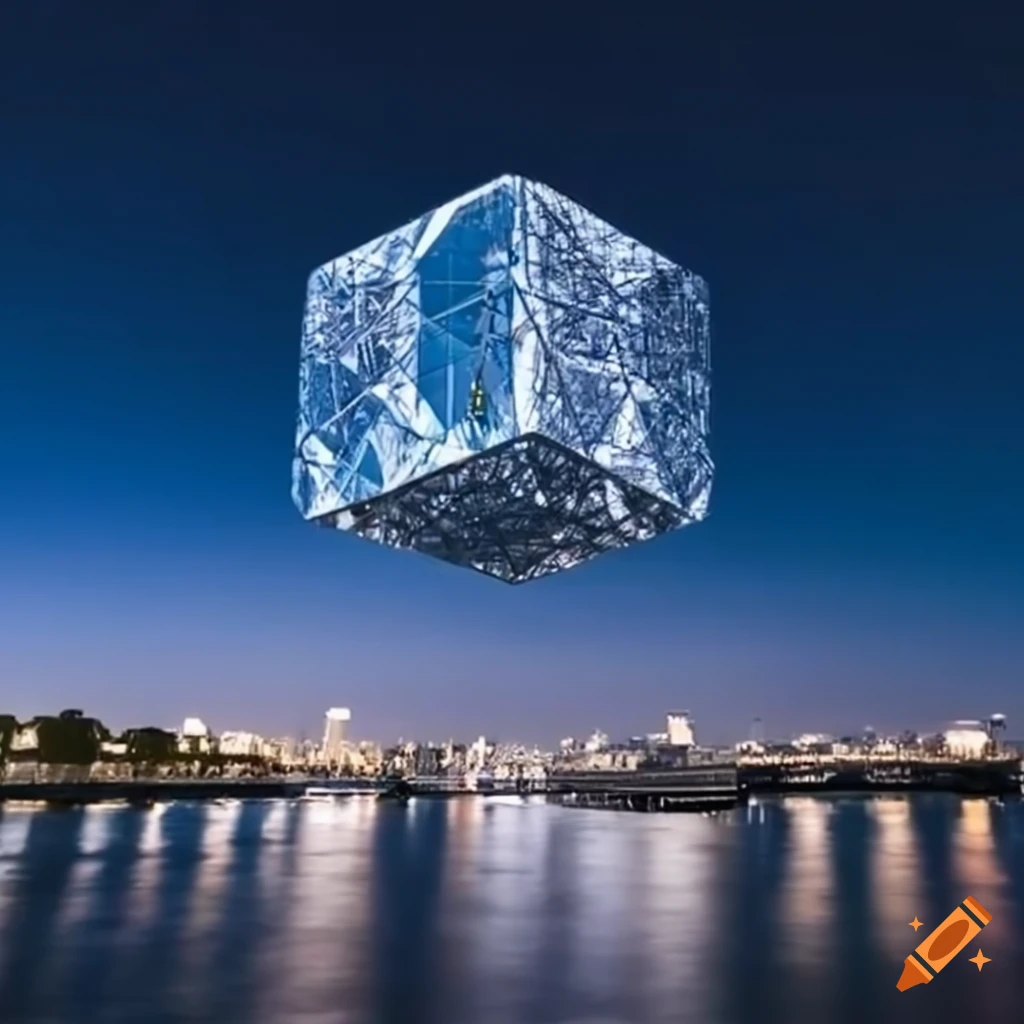 Giant floating metal cube over paris on Craiyon