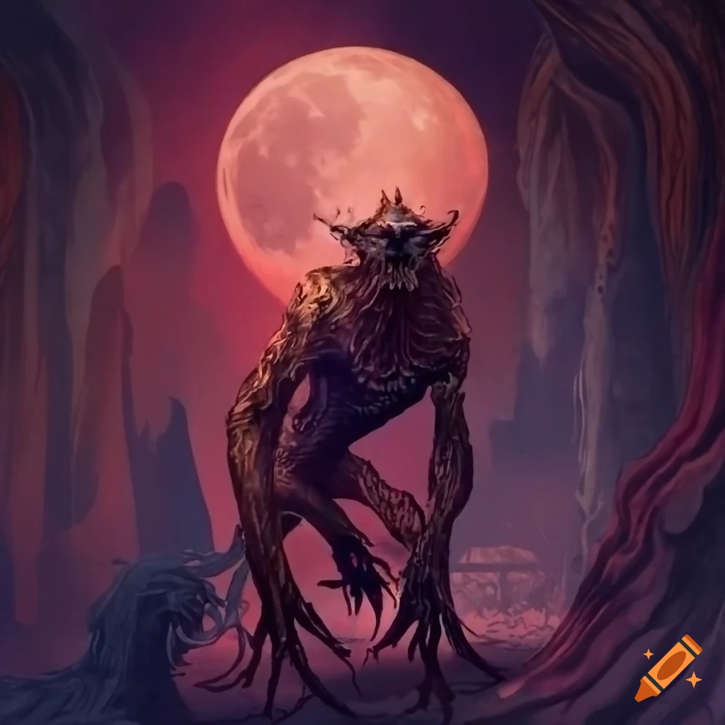 Gothic Victorian citizen transforming into a beast under a red moon on ...