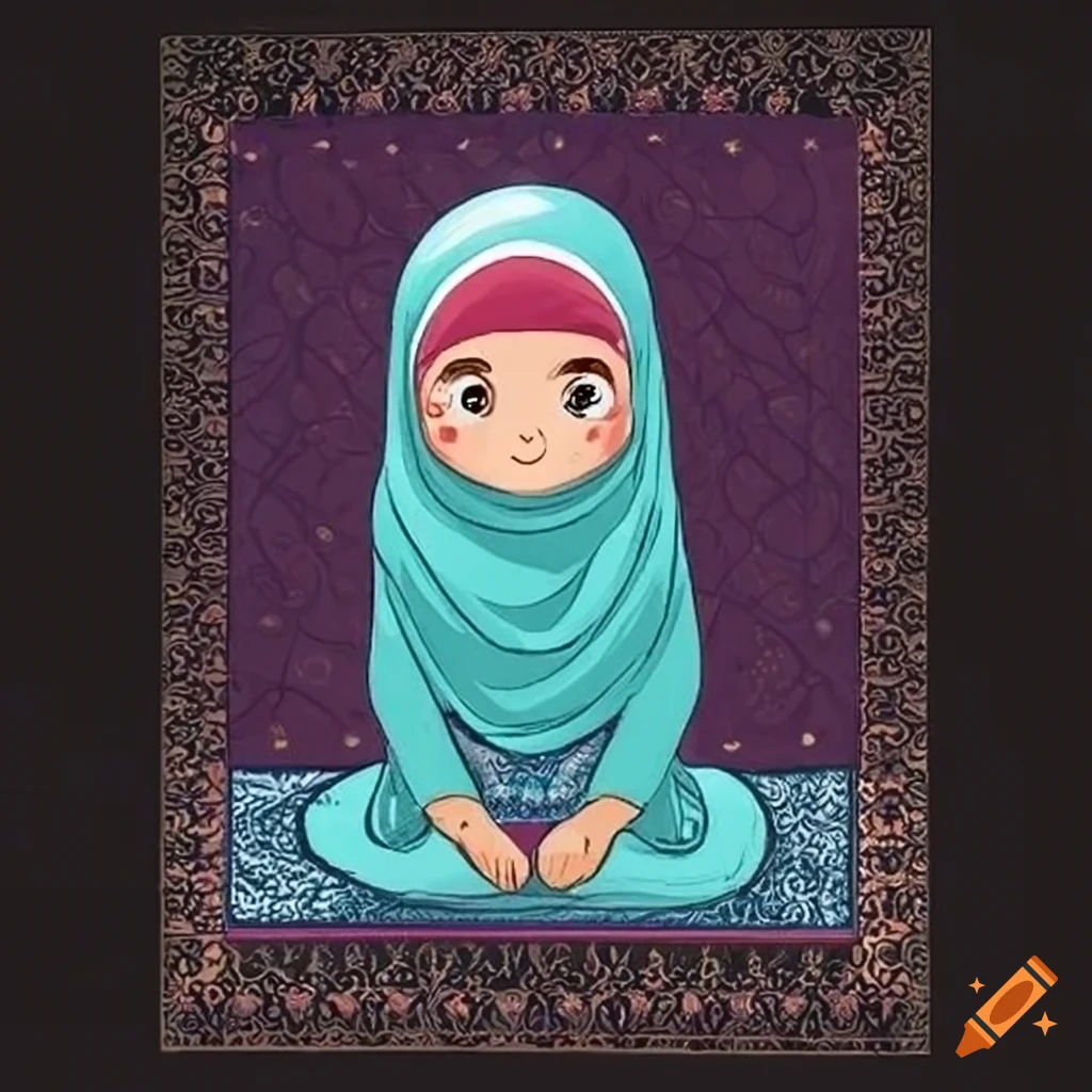 Muslim girl praying on a prayer mat in a 2d doodle on Craiyon