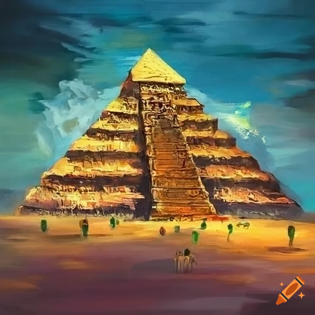 Aztek alien on top of a pyramid temple in an oil painting on Craiyon