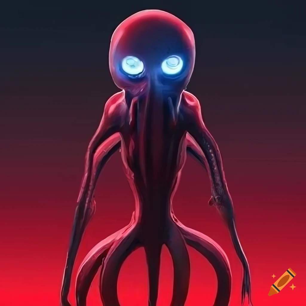 Humanoid alien with squid-like tentacles in a light red tint movie poster on Craiyon