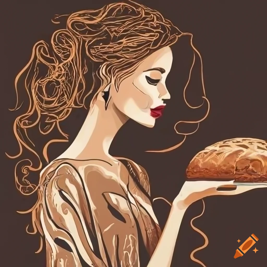Elegant line art of a woman presenting freshly baked bread on Craiyon