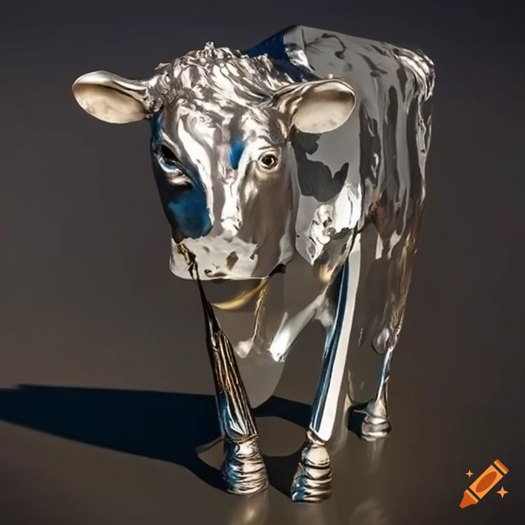 Polished metal cow sculpture shining in sunlight on Craiyon