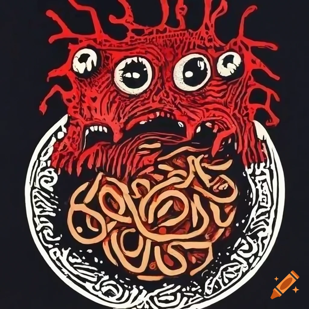 Three-eyed comical monster eating spaghetti with long fingers on Craiyon