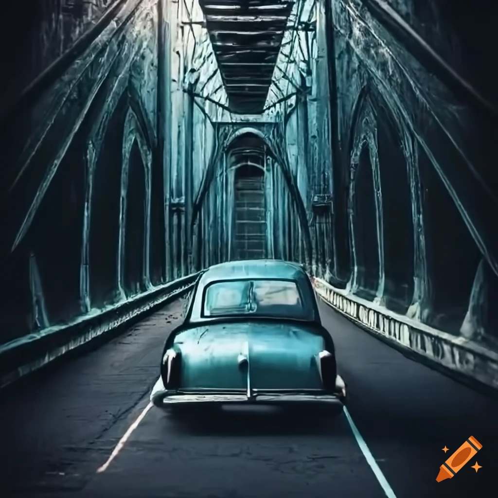 Old car on a dark bridge from a sideways perspective on Craiyon