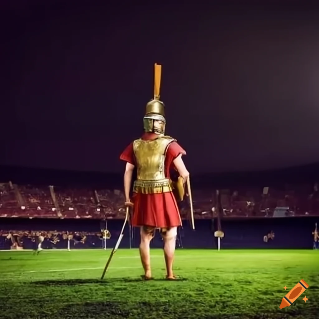 Ancient roman soldier in a football stadium with a football on Craiyon