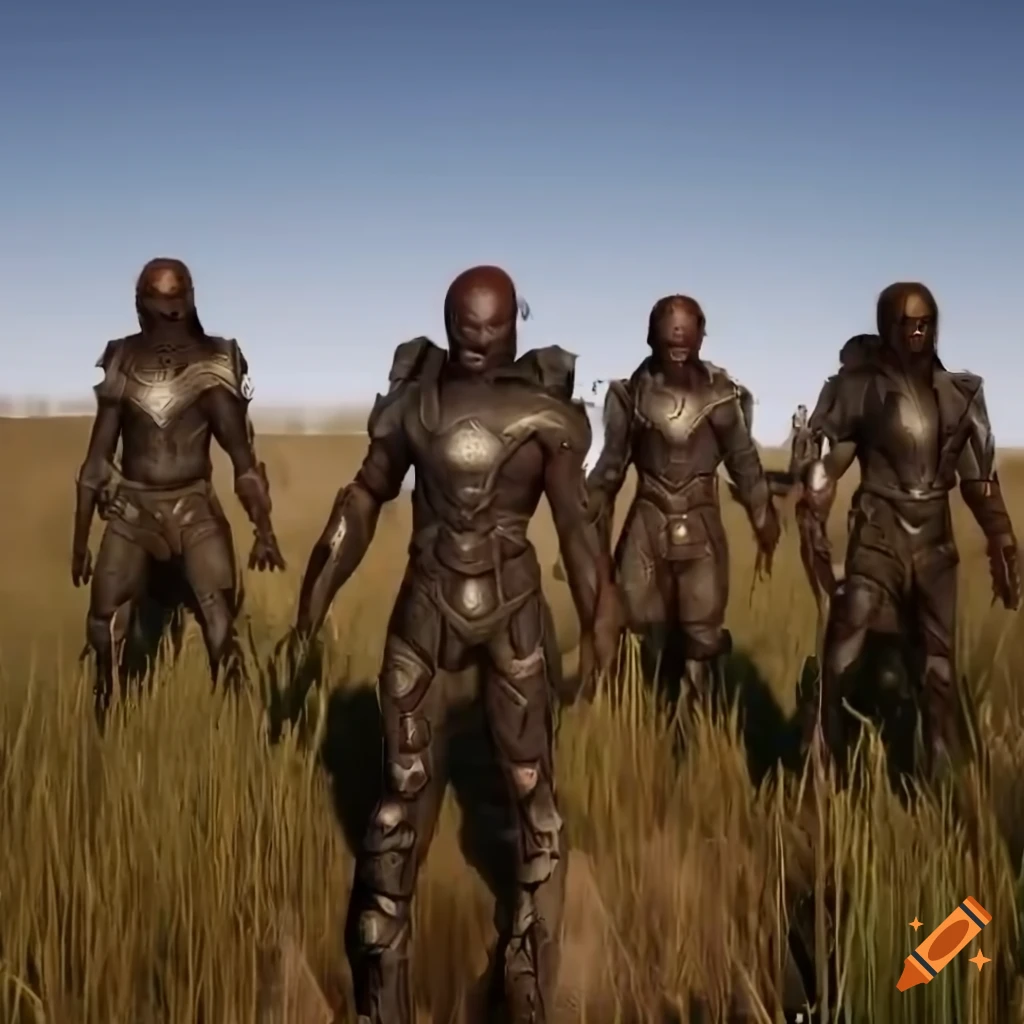 Sci-fi soldier elf with horned helmet and armor in a grassland under a ...