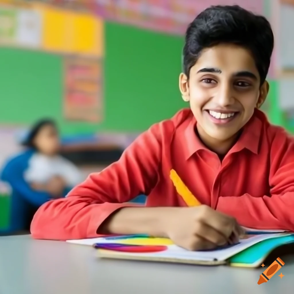 Cheerful Pakistani student in a colorful classroom on Craiyon