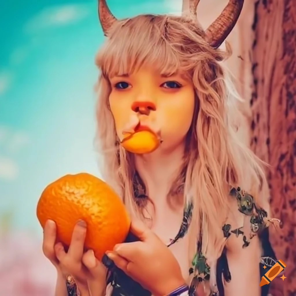 Goat girl eating an orange on Craiyon