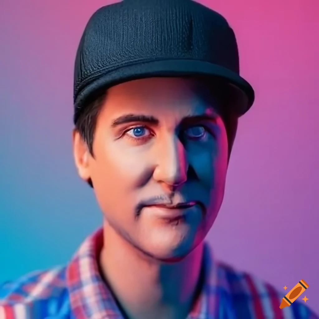 Wax figure of Mark Rober in black hat and blue shirt podcasting on Craiyon