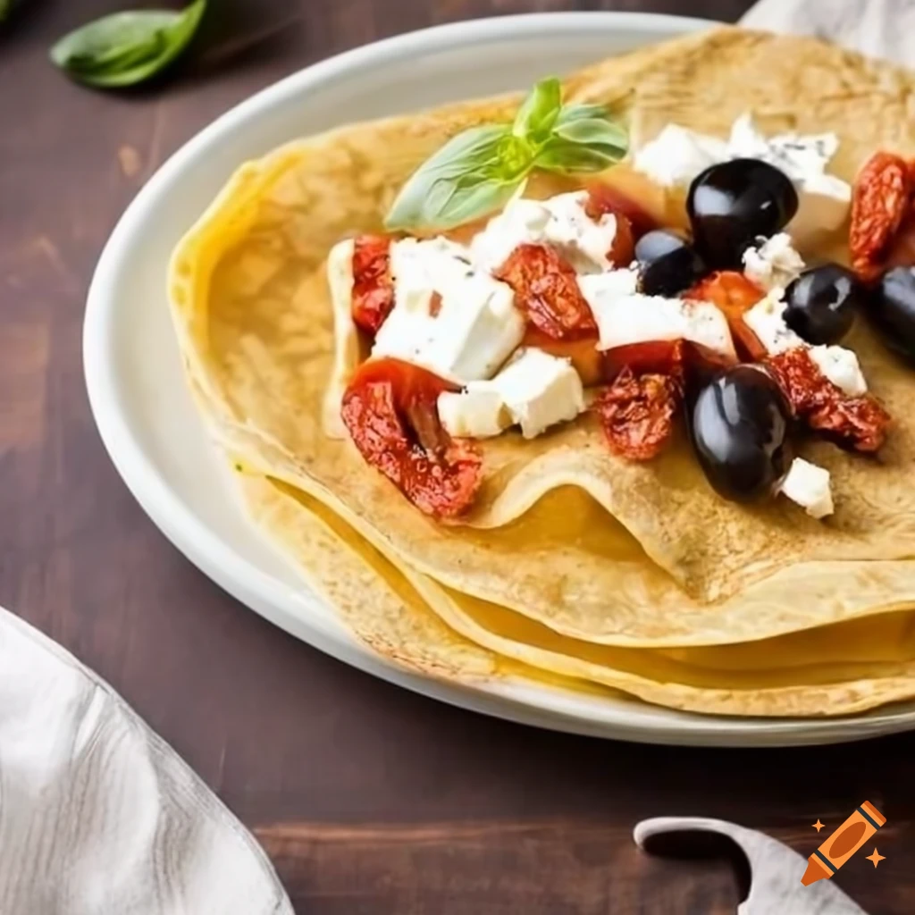 Delightful crepe with feta cheese, sun-dried tomatoes, olives, and ...