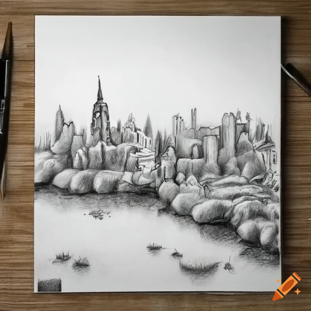 Macro view of a forest city on a distant world in black and white ...