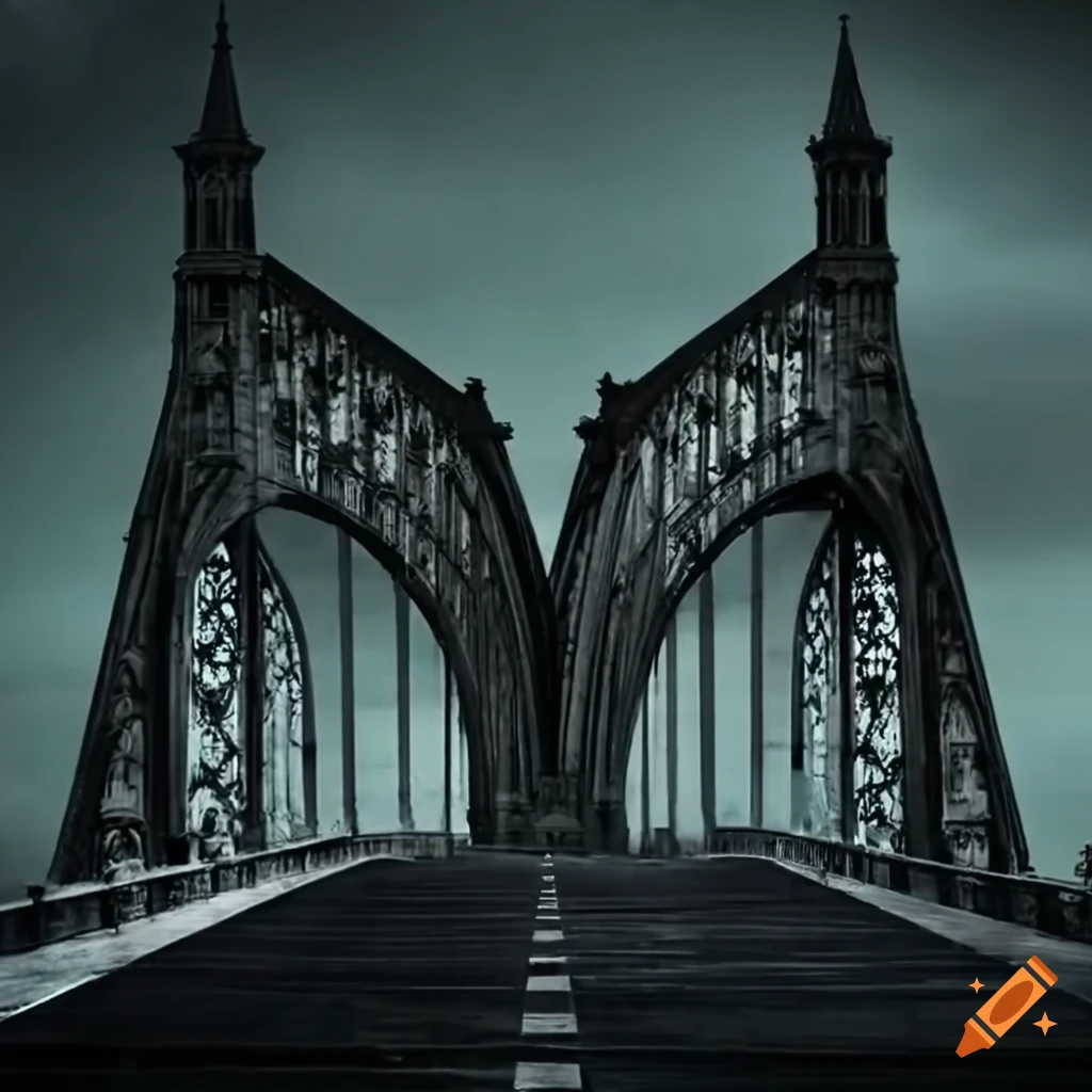 1930's car crossing a gothic bridge in a sideways perspective on Craiyon