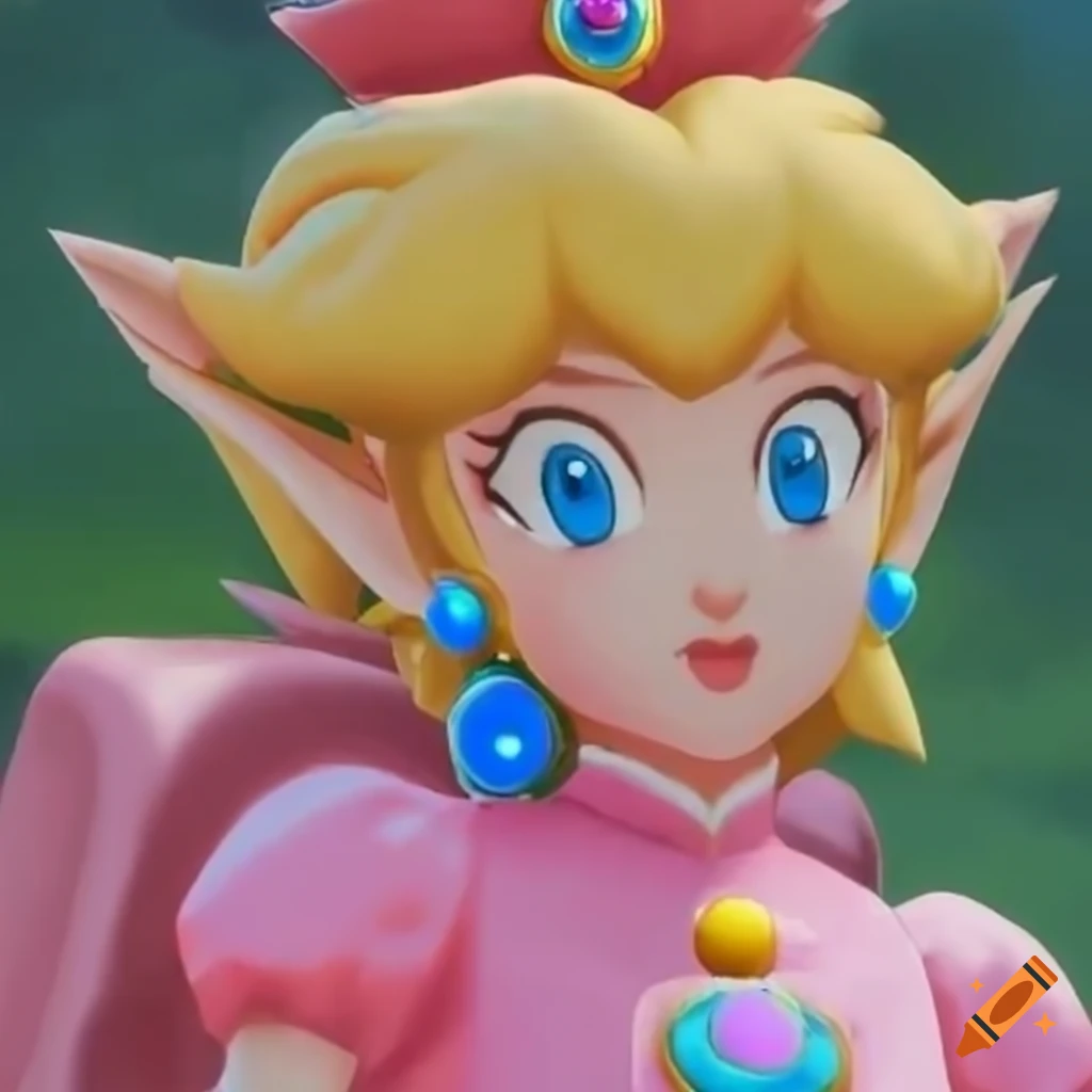 Princess Peach and Link in pink silk ballgowns posing together on Craiyon