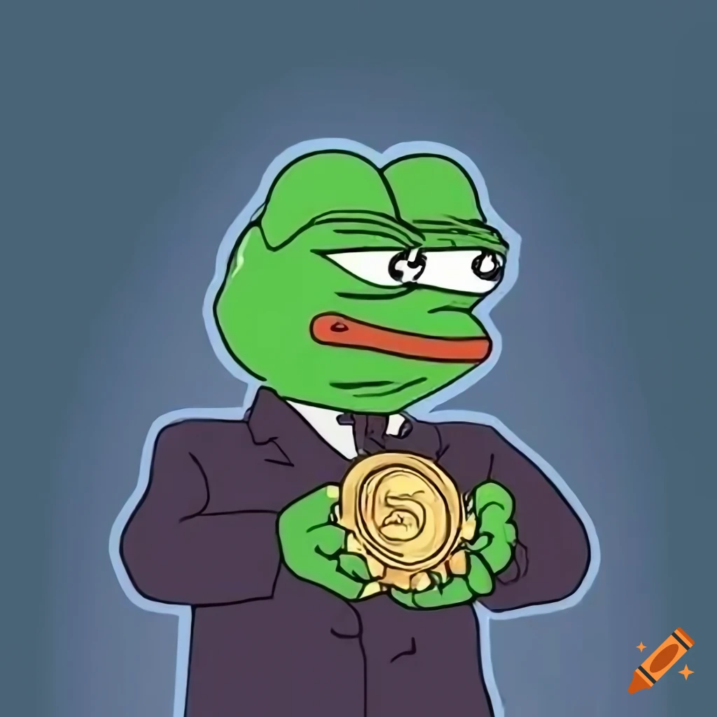 Pepe token crypto character hugging Ethereum logos on Craiyon