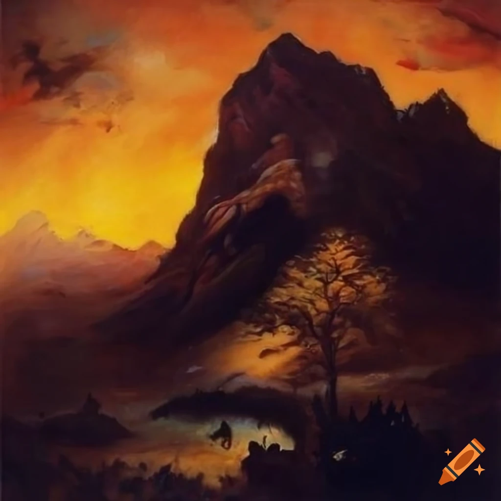 Awe-inspiring mountain landscape oil painting by frank frazetta on Craiyon