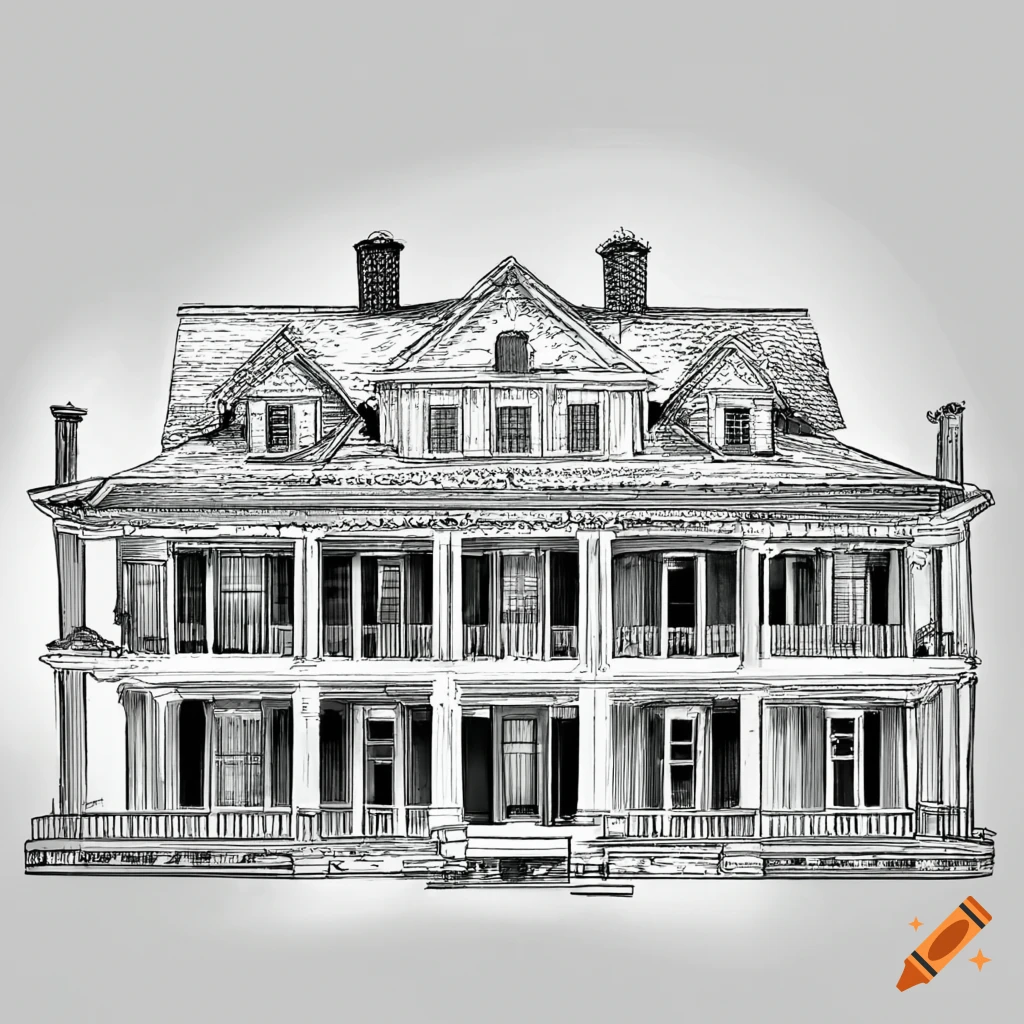 Detailed line art of an old southern plantation house on Craiyon