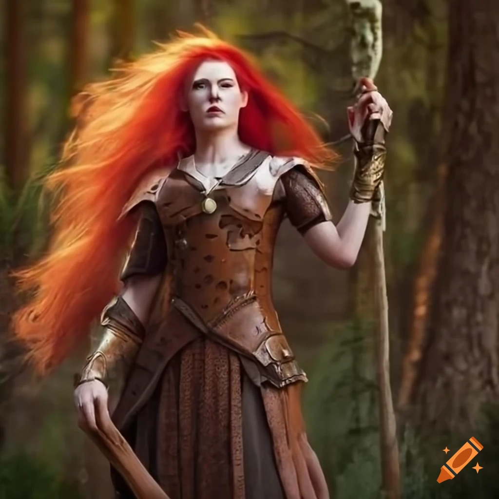 Mystical powerful druid woman in leather armor with a staff and red ...