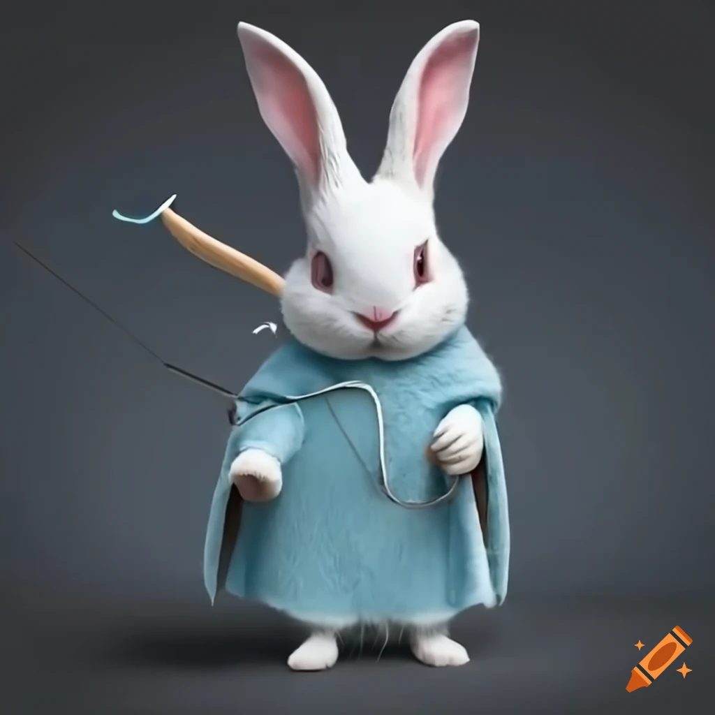 White rabbit person in a cloak among beehive boxes with a bow and arrow ...