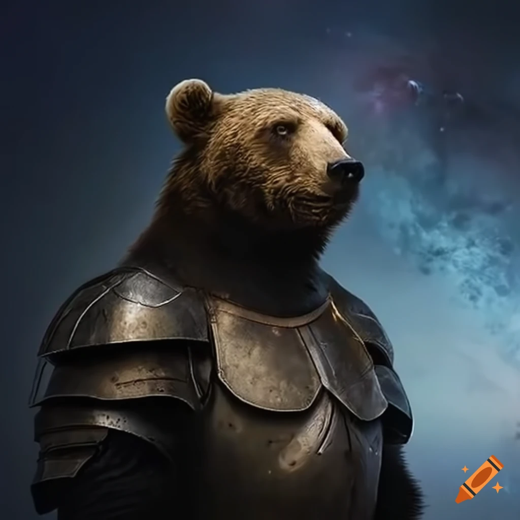 Bear in armor sending greetings from outer space on Craiyon