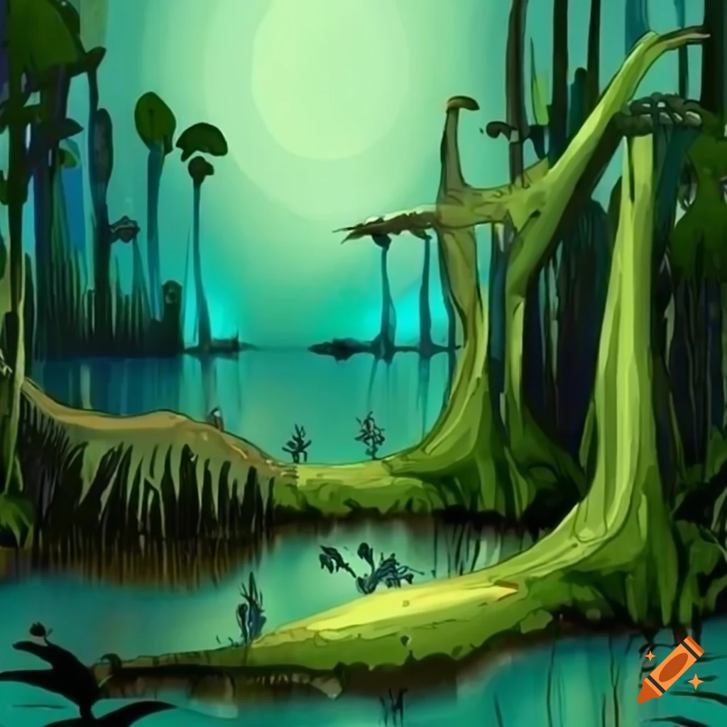Cartoon depiction of the okefenokee swamp on Craiyon