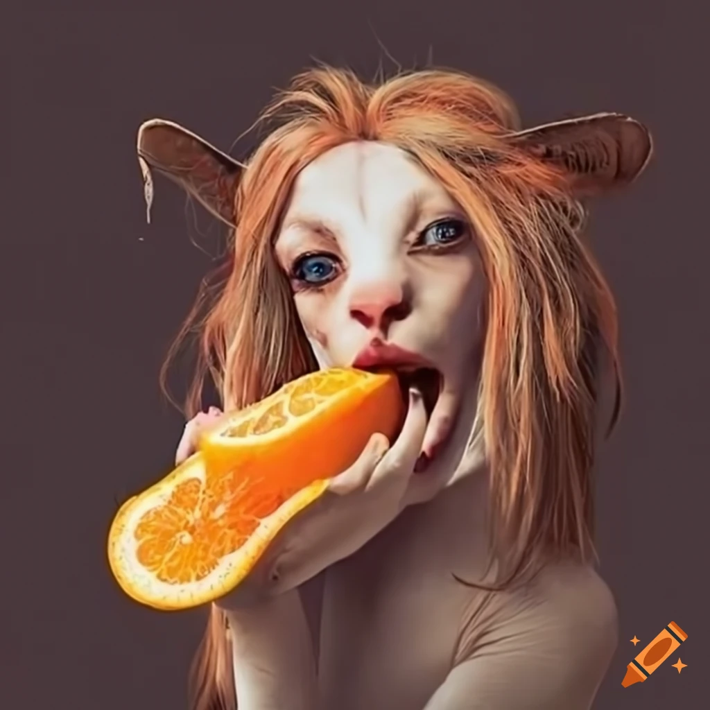 Goat girl eating an orange on Craiyon