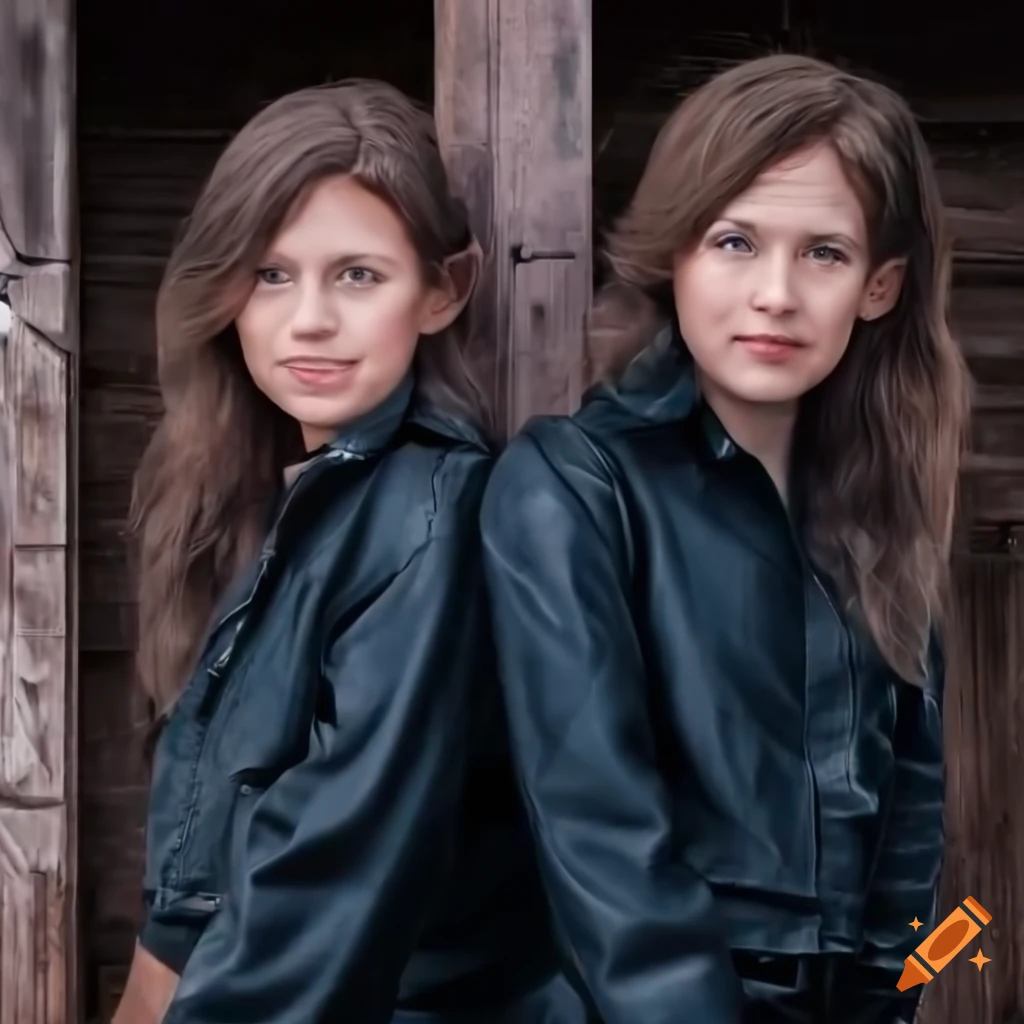 Brunette twins in country-style outfits standing in a snowy barn ...