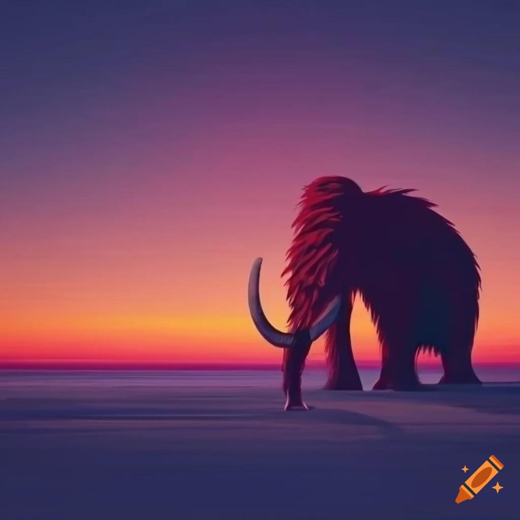 Red mammoth walking towards the horizon with a sunset background on Craiyon