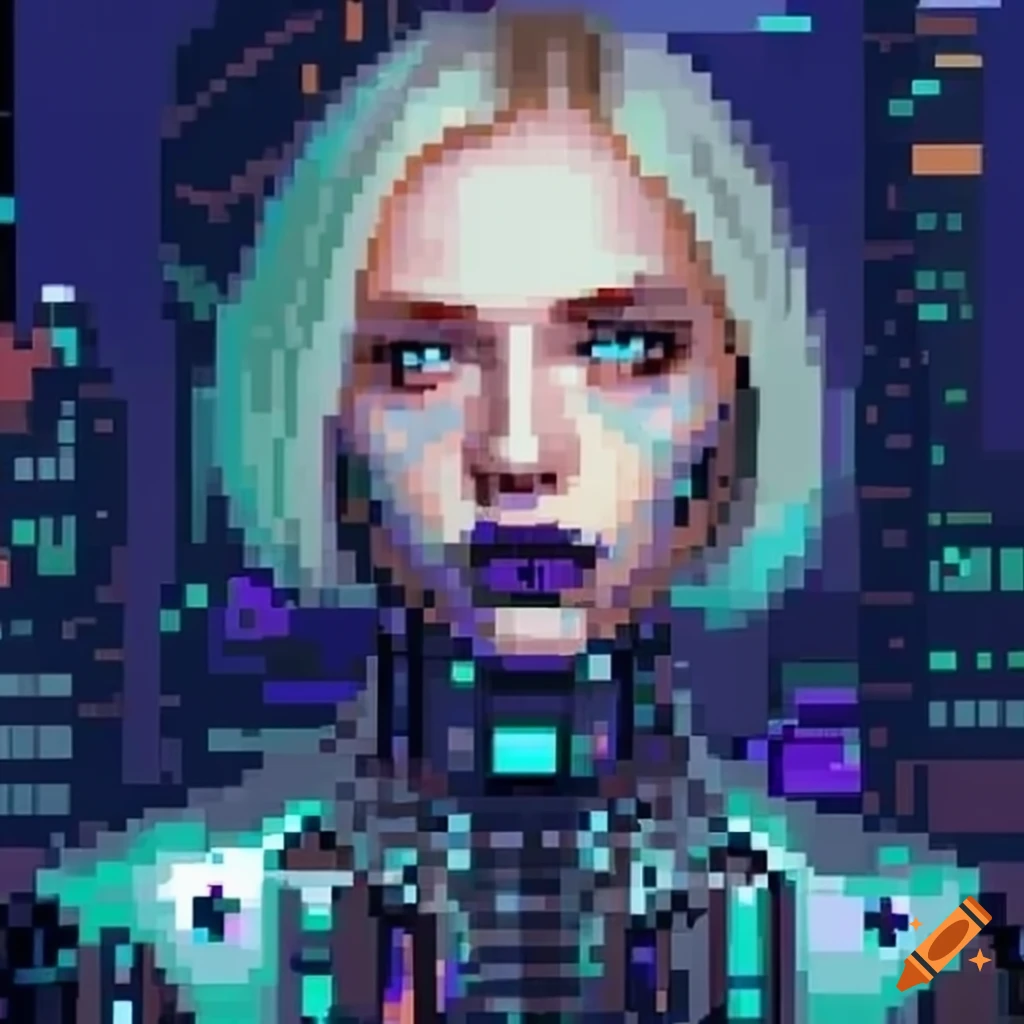 Pixelart portrait of a russian android cyborg girl on a cyberpunk ...