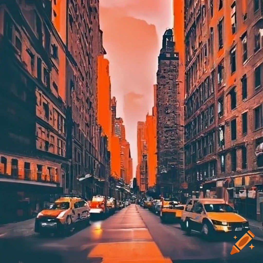 Cityscape with new york style orange and black buildings on Craiyon