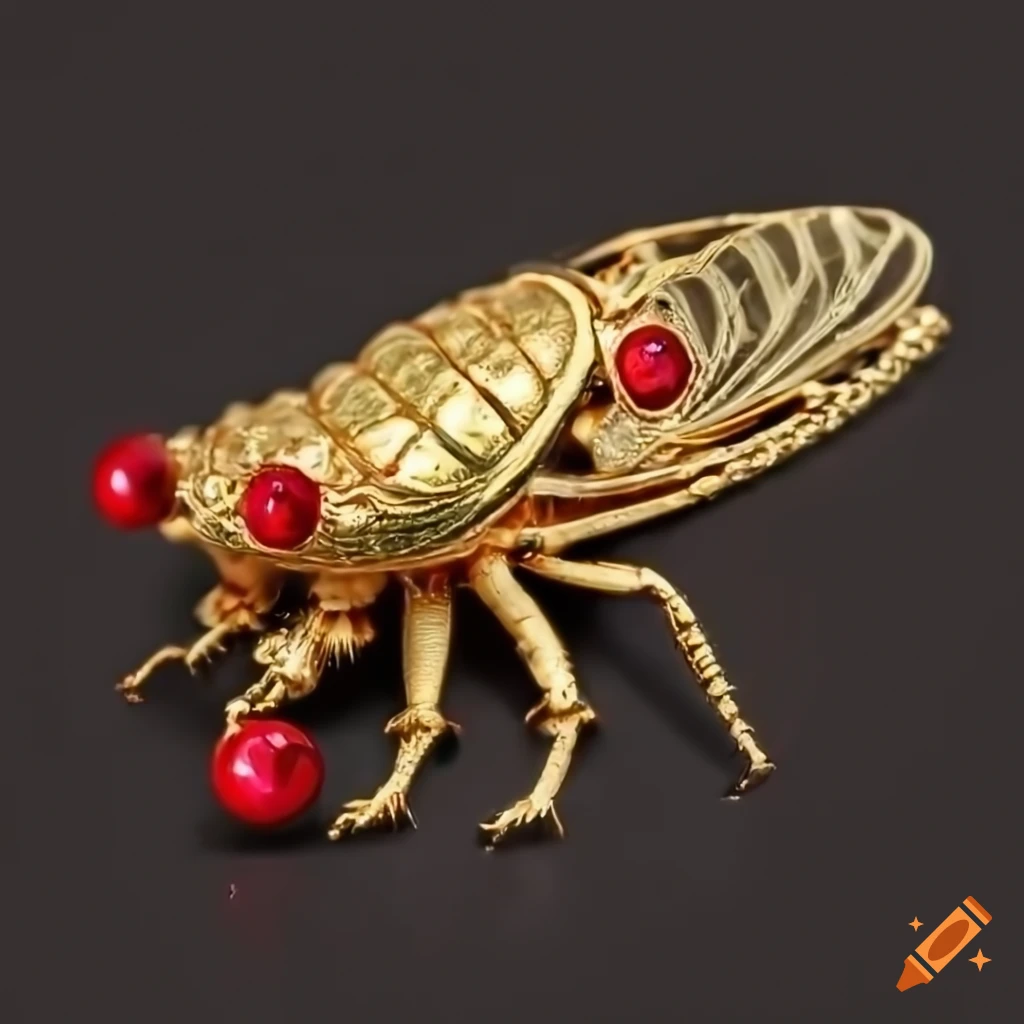 Gold jewelry of a cicada with two large red ruby eyes in 4K ...
