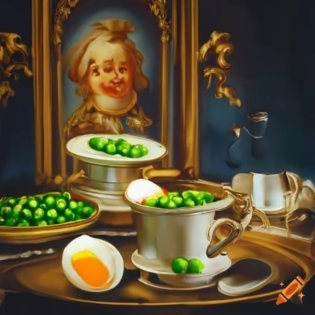 Baroque banquet dinner scene with green peas in cans and soft boiled ...