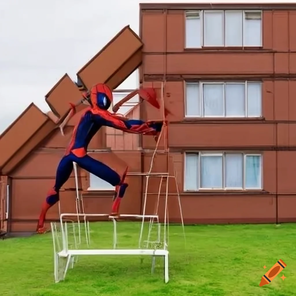 Spider-Man climbing frame with surrounding brown blocks of flats on Craiyon