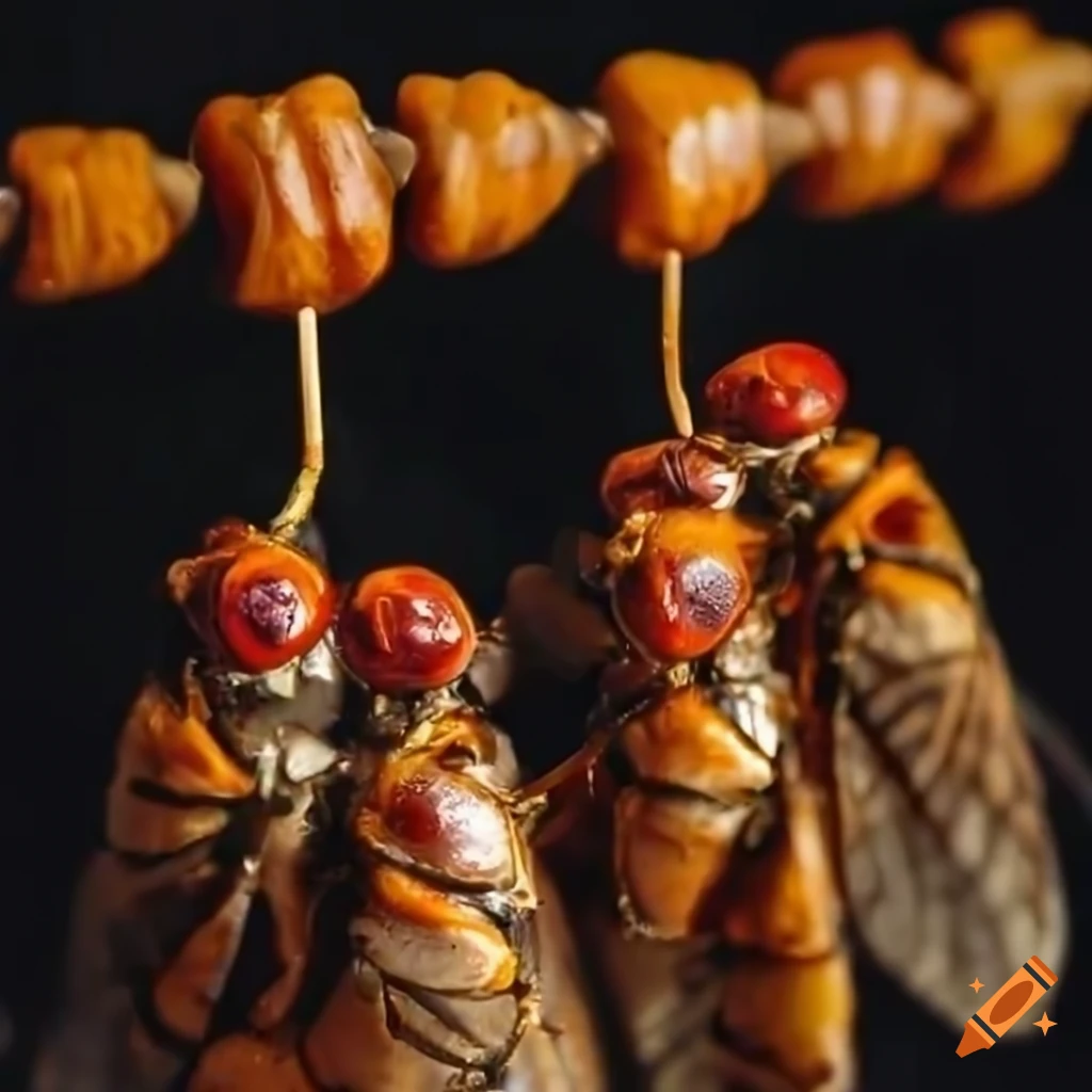 Cicadas on skewers on a grill in a detailed close-up on Craiyon