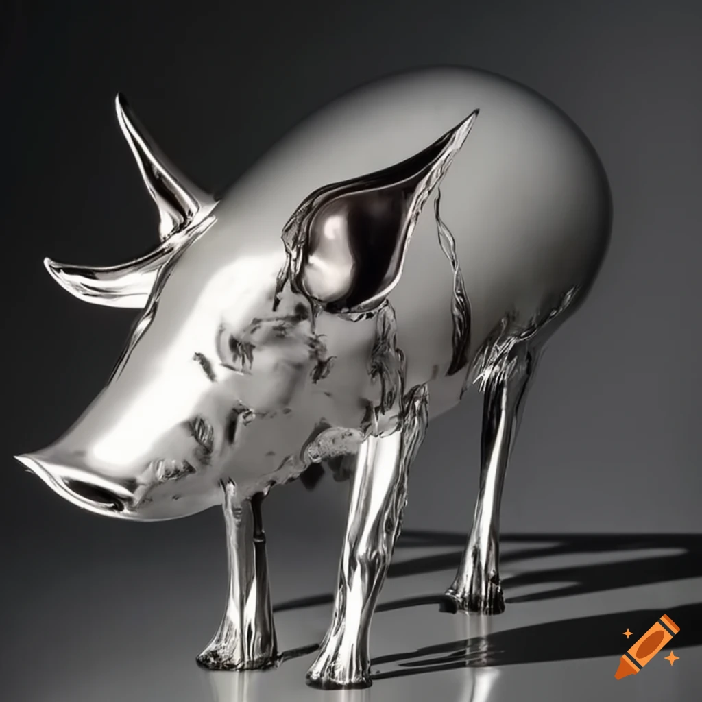 Polished metal sculpture of a gleaming pig under sunlight on Craiyon