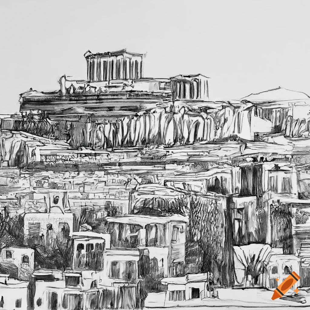 Detailed pencil drawing of the historic Acropolis of Athens on Craiyon
