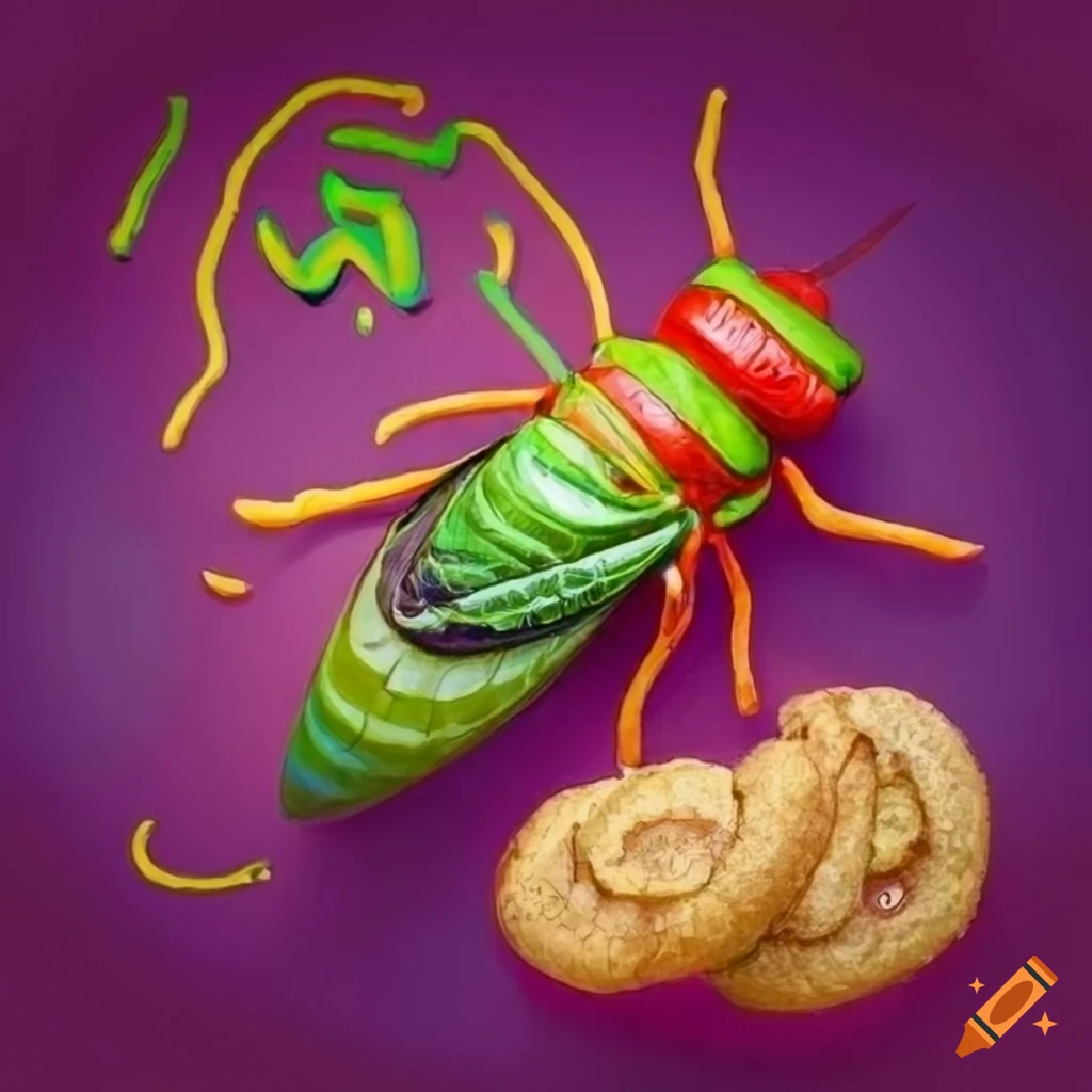 Colorful illustration of 'Cicada Snacks' package on Craiyon