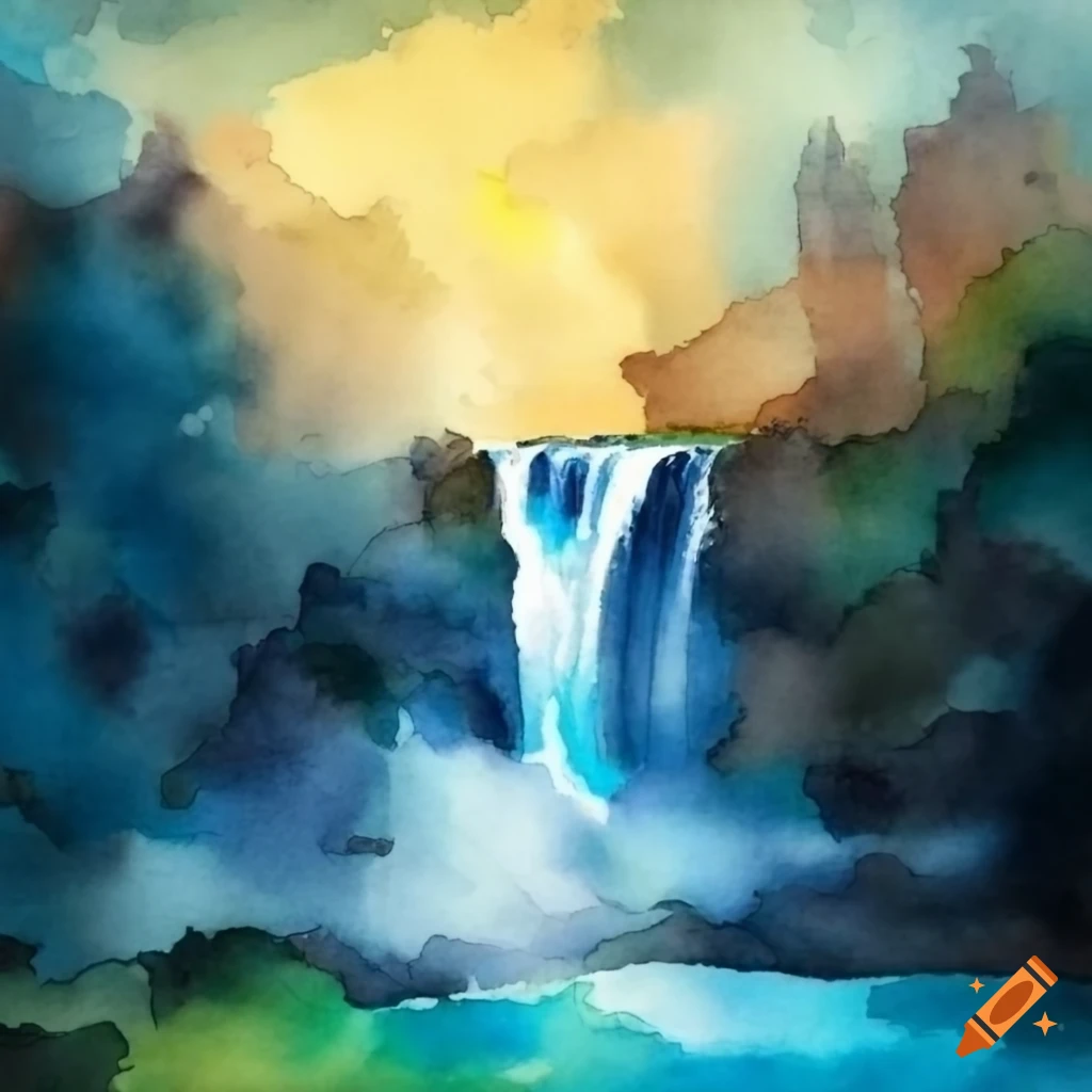 Watercolor landscape with a beautiful waterfall on Craiyon